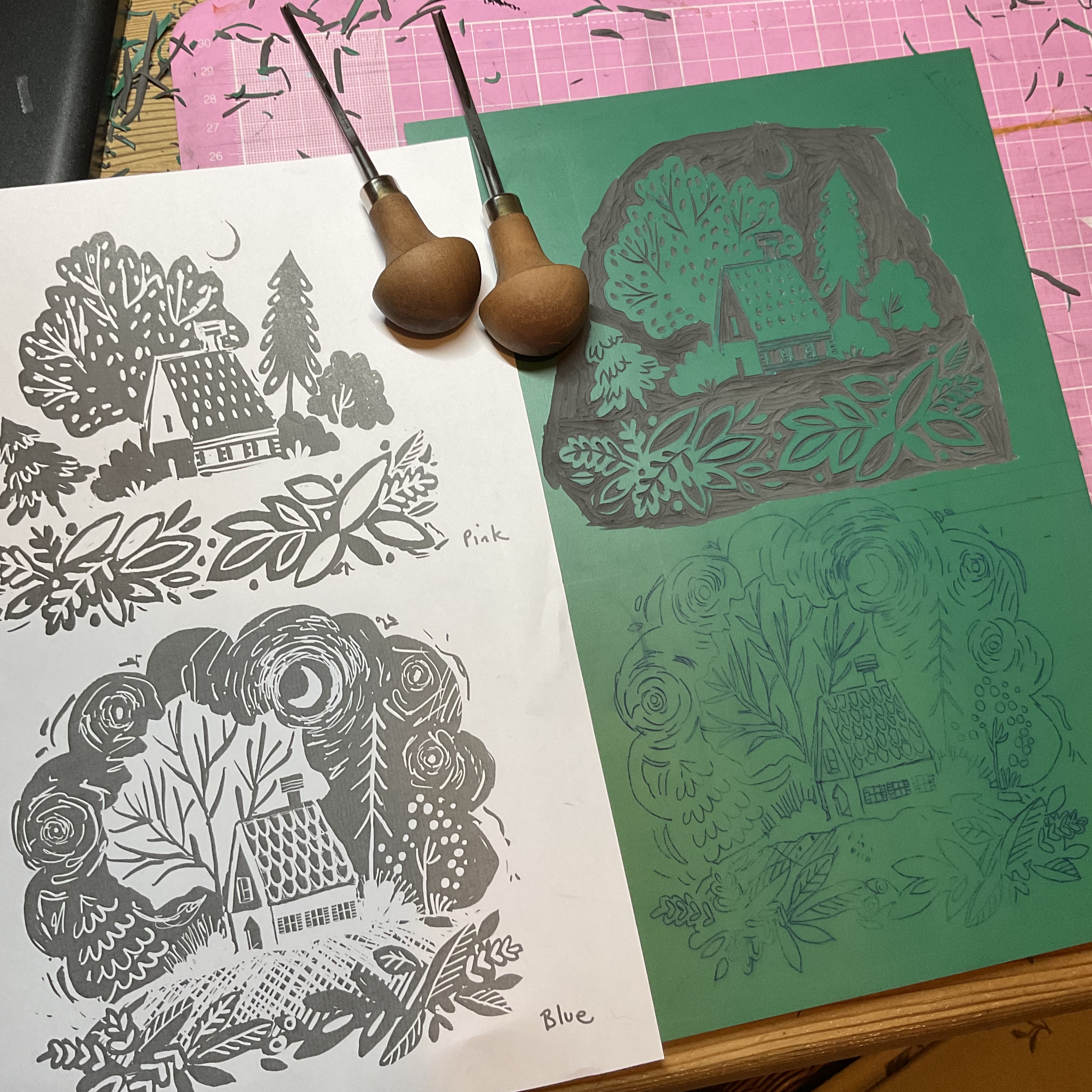 Two colour linocut print – Folk Style Linocuts By MStraccia Art